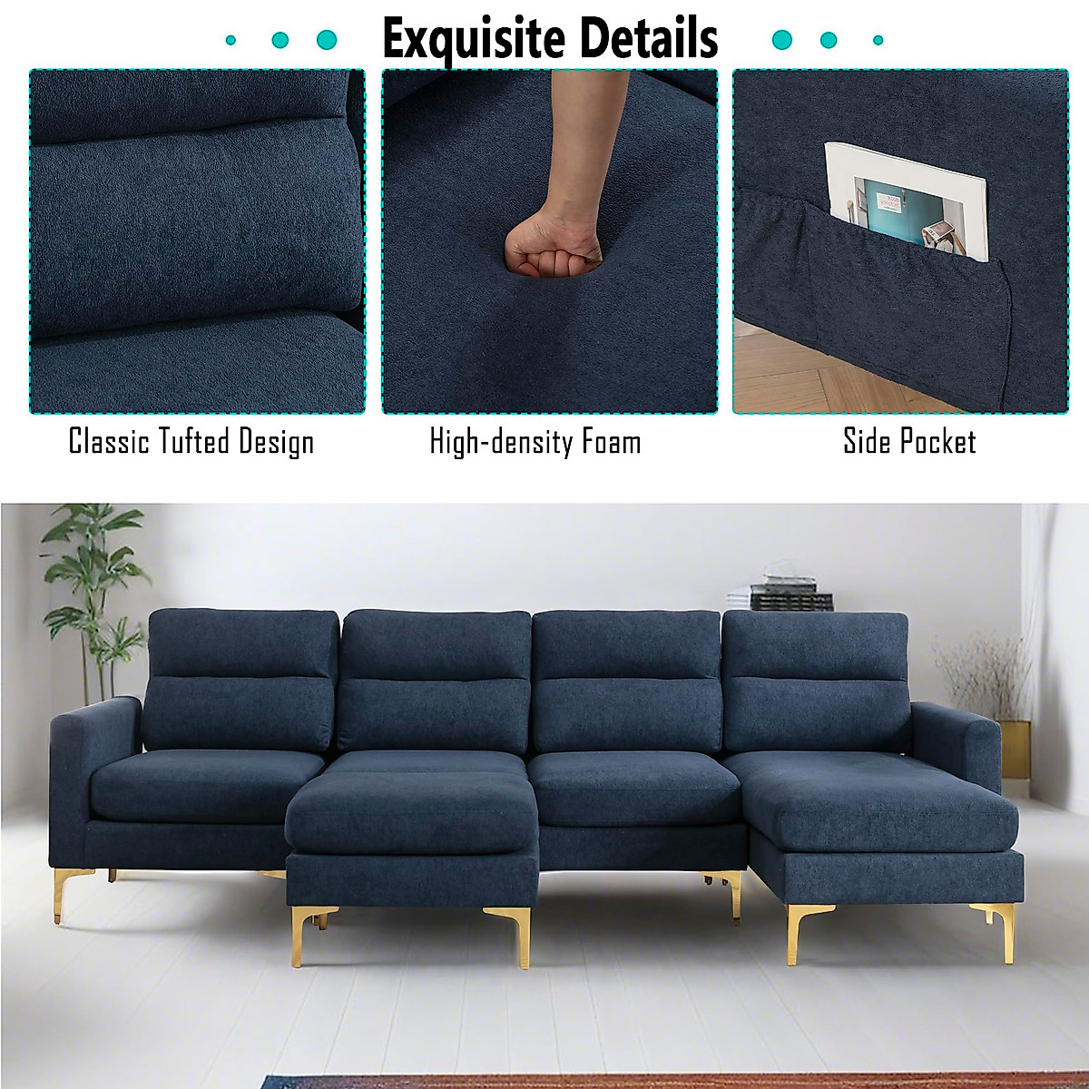 URRED Sectional Sofa Couch, 4 Seat U-Shaped Sofa Set for Living Room,Velvet Fabric Convertible Modular Sofa Sleeper with Double Chaise/Oversized Seats/Comfortable Backrest, Blue