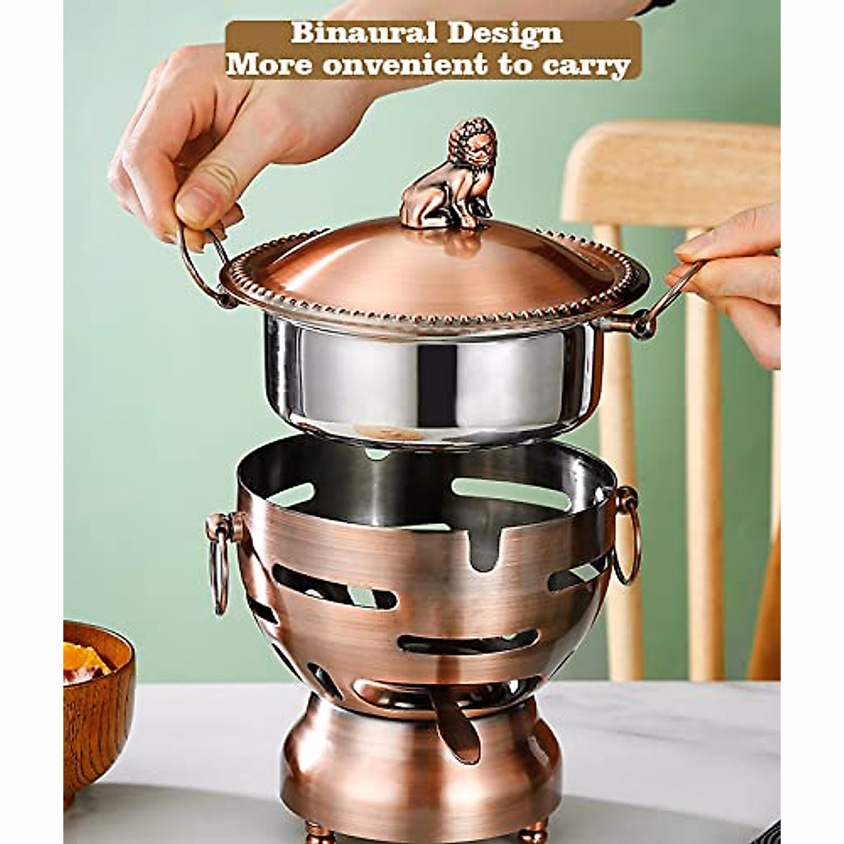 304 Stainless Steel Stockpot Shabu Shabu Hot Pot Set Retro Separation Alcohol Hotpot Chafing Dishes Single Serving Pot with Heatproof Handle, 1L / Copper