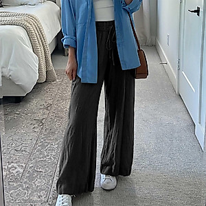 Duyang Womens Cotton Linen Palazzo Pants Drawstring Elastic Waist Casual Wide Leg Trousers with Pockets(Black,XL)