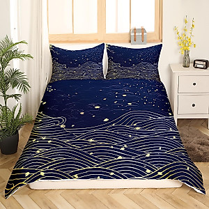 Erosebridal Ukiyoe Style Bedding Set Queen Size Japan Sea Waves Duvet Cover Japanese Style Comforter Cover Golden Cherry Blossom Petals Quilt Cover for Kids Child,Abstract Hand Drawn Bedroom Decor