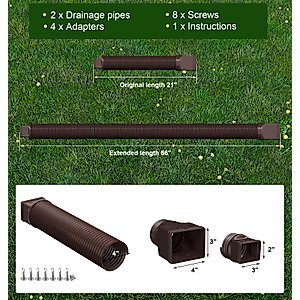 Ogutter Rain Gutter Downspout Extensions, Downspout Extender for Rainwater Drainage Flexible, Down Spout Drain Extension Pipe and Extendable from 21 to 66 Inches (2 Pack, Brown)