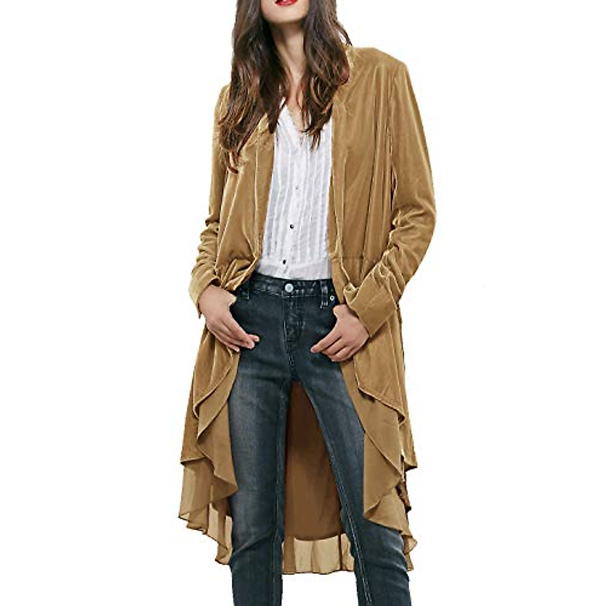 R.Vivimos Womens Ruffled Asymmetric Long Velvet Blazers Coat Casual Jackets (Medium, Khaki)