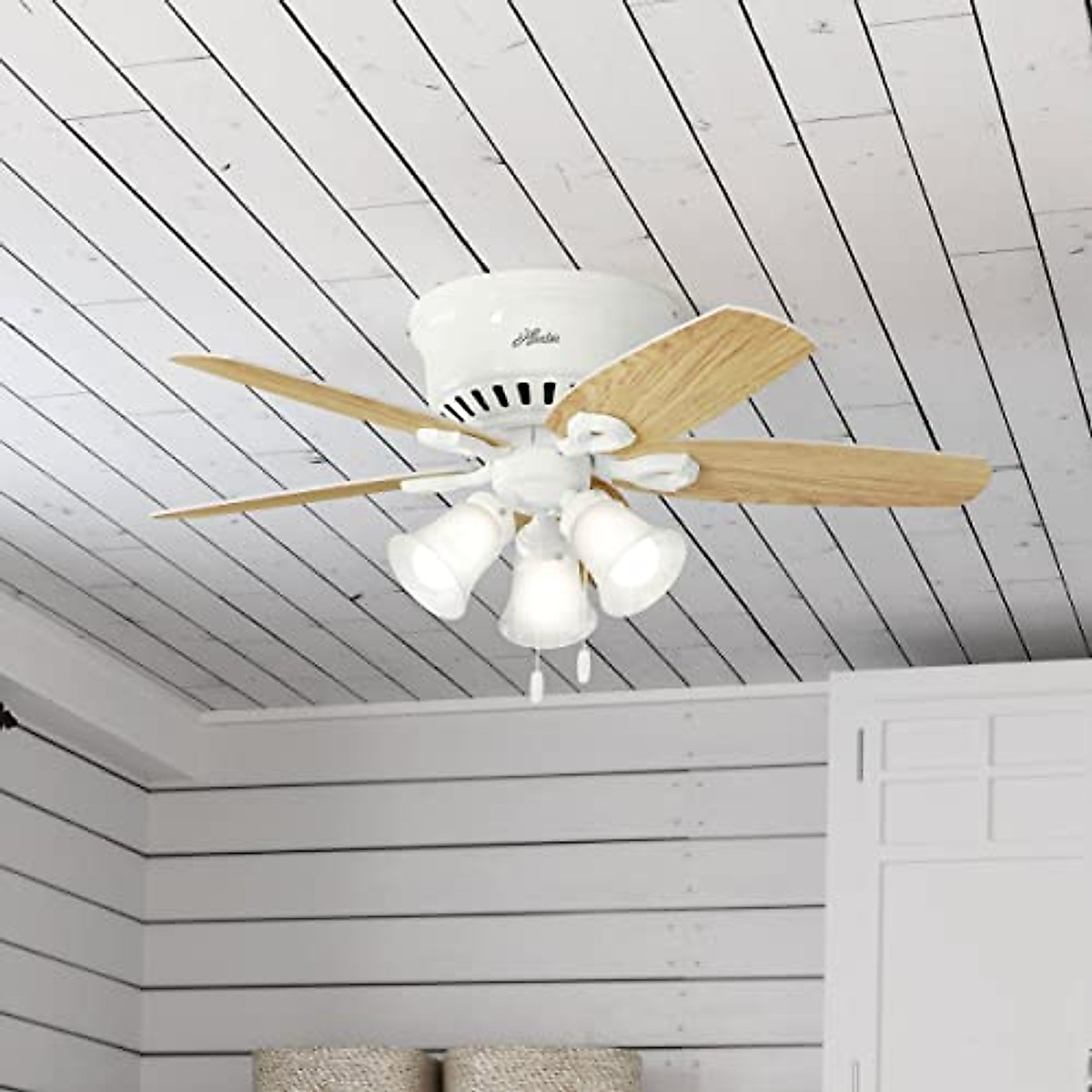 Hunter Fan Company, 51090, 42 inch Builder Snow White Low Profile Ceiling Fan with LED Light Kit and Pull Chain