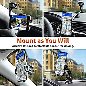 1Zero Solid Car Truck Phone Mount Holder with 14-Inch Gooseneck Long Arm, Windshield Window Mobile Holders w/Industrial-Strength Suction Cup, Anti-Shake Stabilizer Compatible All Cell Phones iPhone