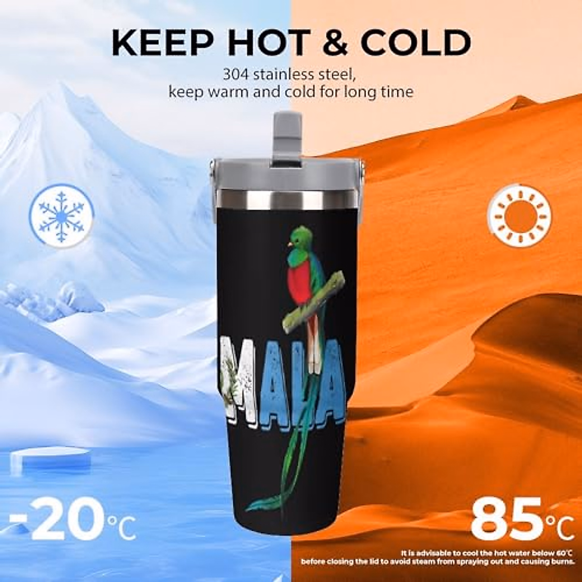 Guatemala Flag And Guatemala Quetzal Bird 30 OZ Insulated Tumblers with Handle And Straw Leakproof Vacuum Insulated Stainless Steel Water Bottle for Car Fishing Travel
