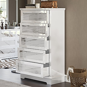 AMERLIFE Luxury 49.2" H High-Gloss 5 Drawer Dresser, Natural Marble Chest of Drawers No Handles for Bedroom, Living Room, Modern, White