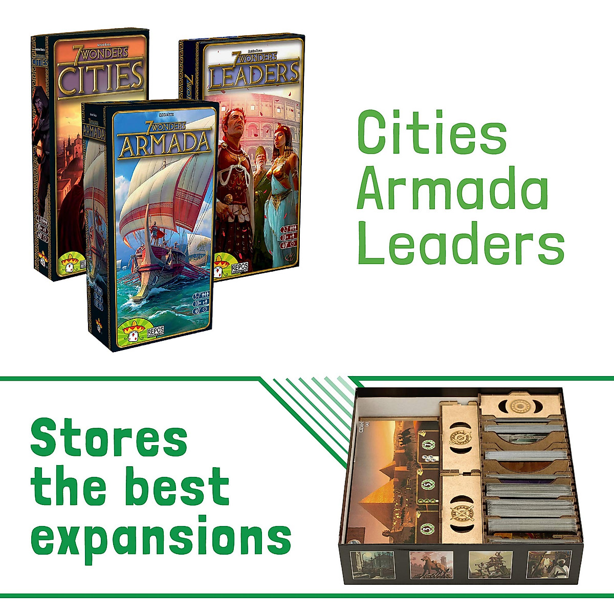 TowerRex Board Game Organizer for 7 Wonders board game box 1st Ed, 7 Wonders Cities expansion, 7 Wonders Armada expansion, 7 Wonders Leaders, 7Wonders game organizer insert storage kit accessories