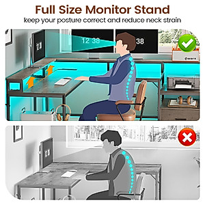 SEDETA L Shaped Desk, 66" Home Office Desk with File Drawer and Power Outlet, Corner Computer Desk with Monitor Shelf, Printer Storage Shelves, Gaming Desk with Led Lights, Two Person Desk, Walnut