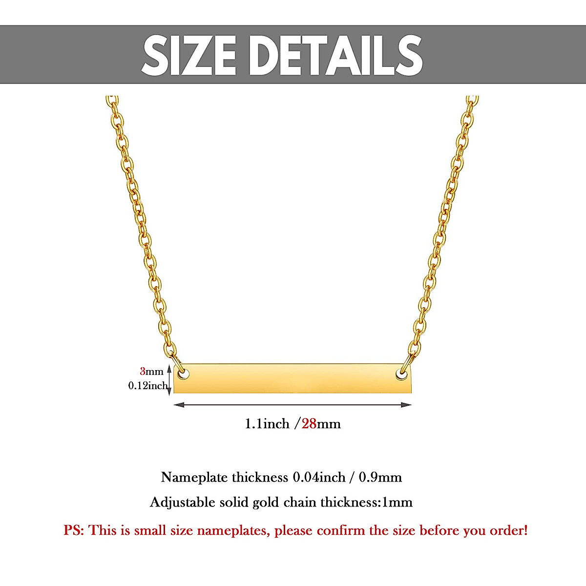 MRENITE 10k 14k 18k Solid Yellow Gold Personalized Horizontal Bar Necklace – Engravable Blessings Letters Nameplate Bar Pendant - Custom Any Name Gift for Women (Slim Bar)