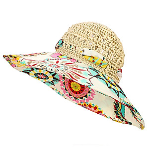 PENINSULA LOVE Summer Anti-UV Wide Brim Beach Hats Women Flower Floppy Foldable Roll up Cap Beige