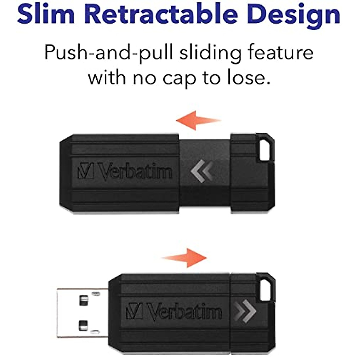 Verbatim 64GB PinStripe Retractable USB 2.0 Flash Thumb Drive with Microban Antimicrobial Product Protection – Black