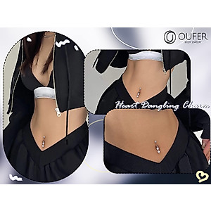 OUFER 14G Belly Rings, Dangle Belly Button Ring, 925 Sterling Silver Heart Belly Piercing Jewlery, Clear CZ Navel Piercing Jewelry for Women Men