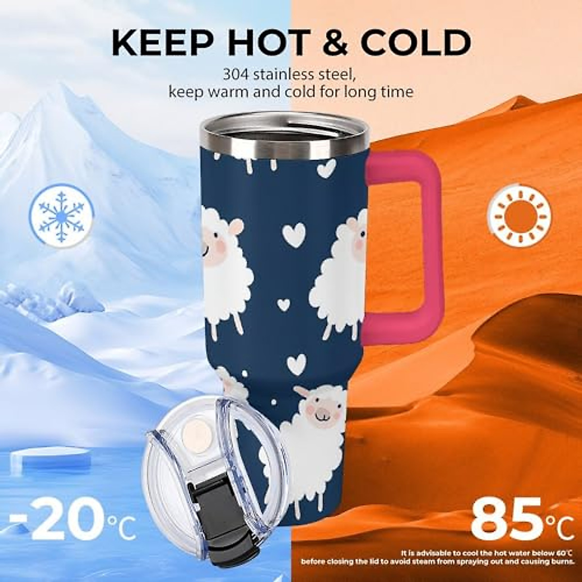 Cute Sheep Pattern 40oz Water Bottle Double Wall Insulated Tumbler with Handle Leakproof Travel Mug Light Rose Red-style