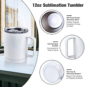 BetterSub 12oz Sublimation Tumbler Mugs with Handle and Sliding Lid, Display Box, Stainless Steel Coffee Camping Mugs Double Wall Vacuum Insulation Sublimation Blank, 6 Packs White