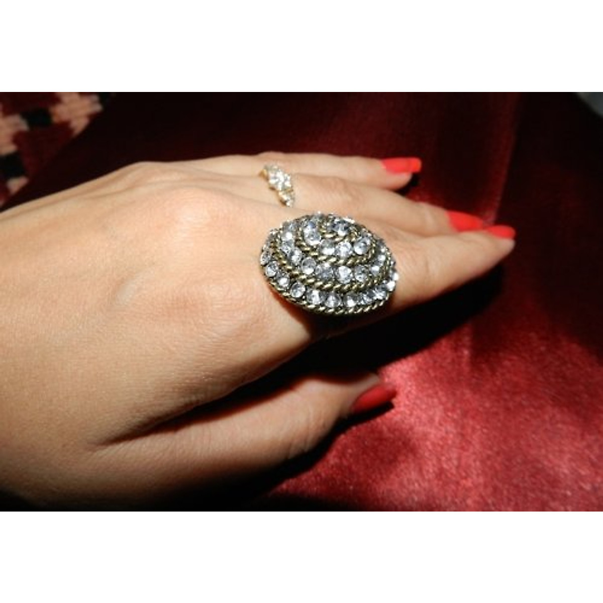 Crunchy Fashion Indian Bollywood Traditional Antique Gold tone Round Crystal Adjustable Big Ring Finger Jewelry for Women