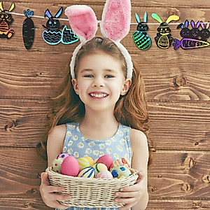 [48+48+12], Linkbro Easter Scratch Crafts Art Kit, Colorful Rainbow Scratch Paper Card, Easter Egg Bunny Chick Shape with Ribbons Wooden Scratch Tools abd Envelopes for Easter Party Egg Hunt Game