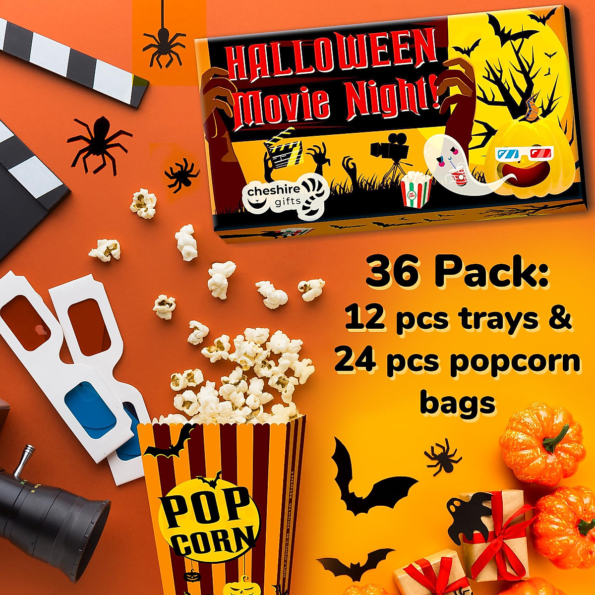 Cheshire Gifts Halloween Party Supplies For Movie Night 36pcs - Popcorn Bags 24ct & Movie Night Snack Trays 12ct - Halloween Party Decorations, Halloween Party Favors, Halloween Decor