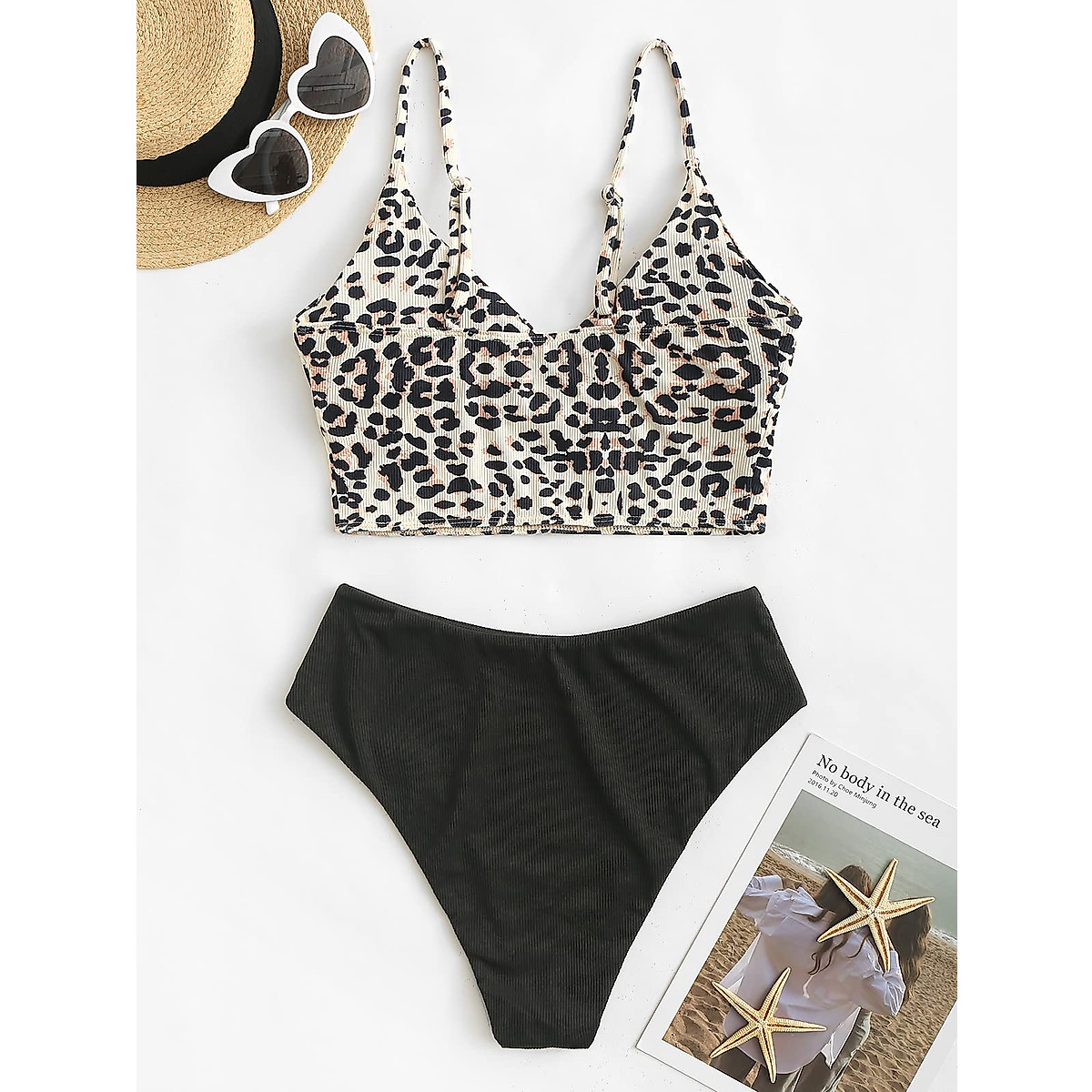 ZAFUL Women Tankini Set, Ribbed High Cut Surplice Swimsuit Bathing Suit with Spaghetti Straps(2-Ba Light Coffee,S)