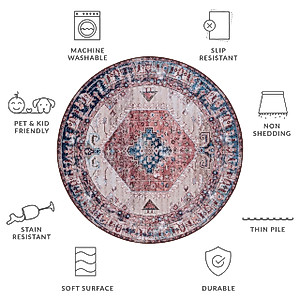 SAFAVIEH Tucson Collection Area Rug - 6' Round, Beige & Rust, Persian Design, Machine Washable & Slip Resistant, Ideal for High Traffic Areas in Living Room, Bedroom, Dining (TSN155B-6R)