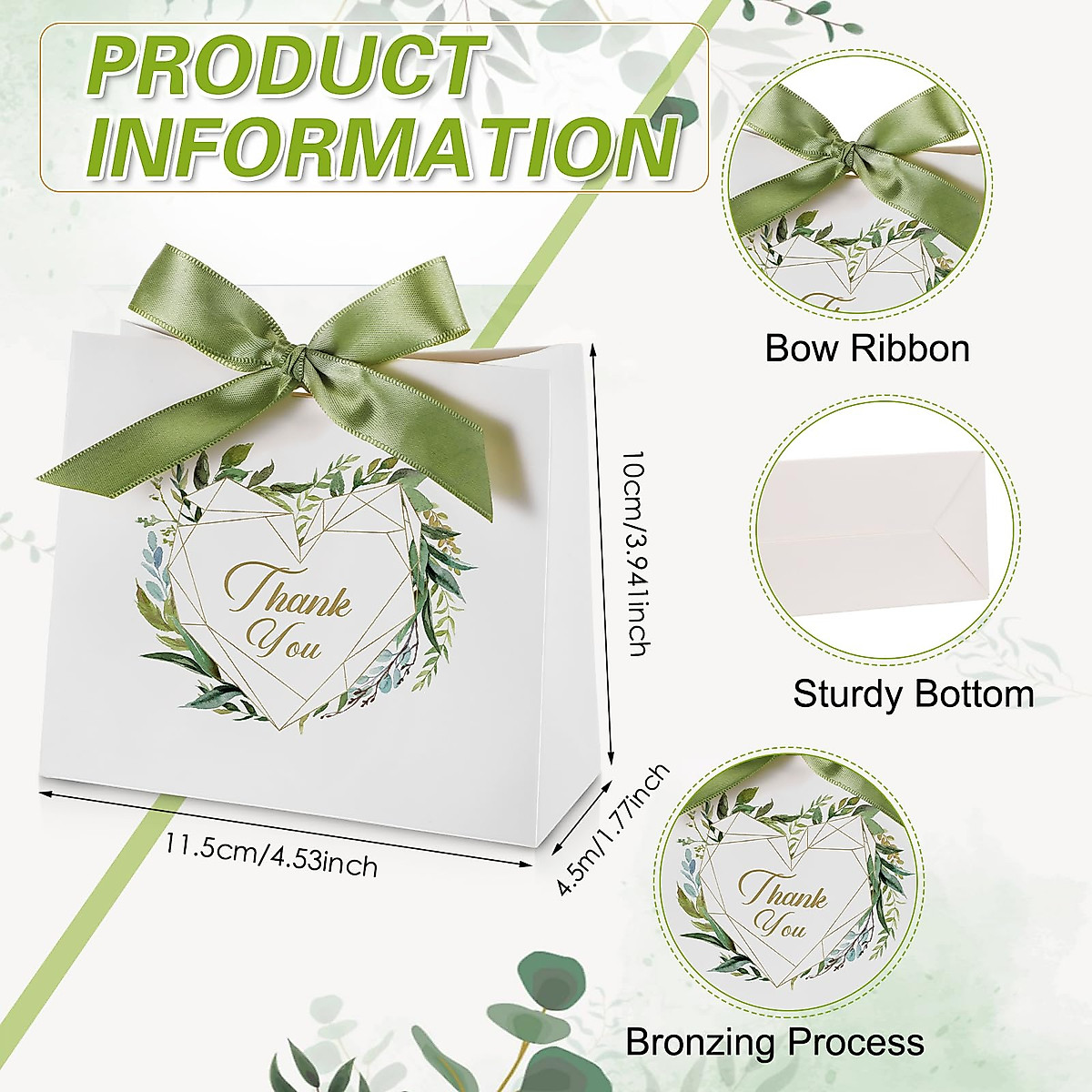 Teling 50 Pack Small Thank You Gift Bags 4.5 x 1.8 x 3.9 In Mini Thank You Favor Bags Bulk Small Paper Bags with Bow Ribbon Thank You Gift Wrap Bags for Birthday Baby Shower Wedding Party, Green