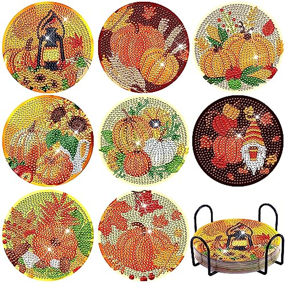 8 PCS Fall Diamond Painting Coasters Pumpkin Diamond Art Coasters 5D Full Drill Diamond Coasters Kit Thanksgiving Drink Cup Coaster Round with Cork Base Holder for Autumn Harvest Party Supplies
