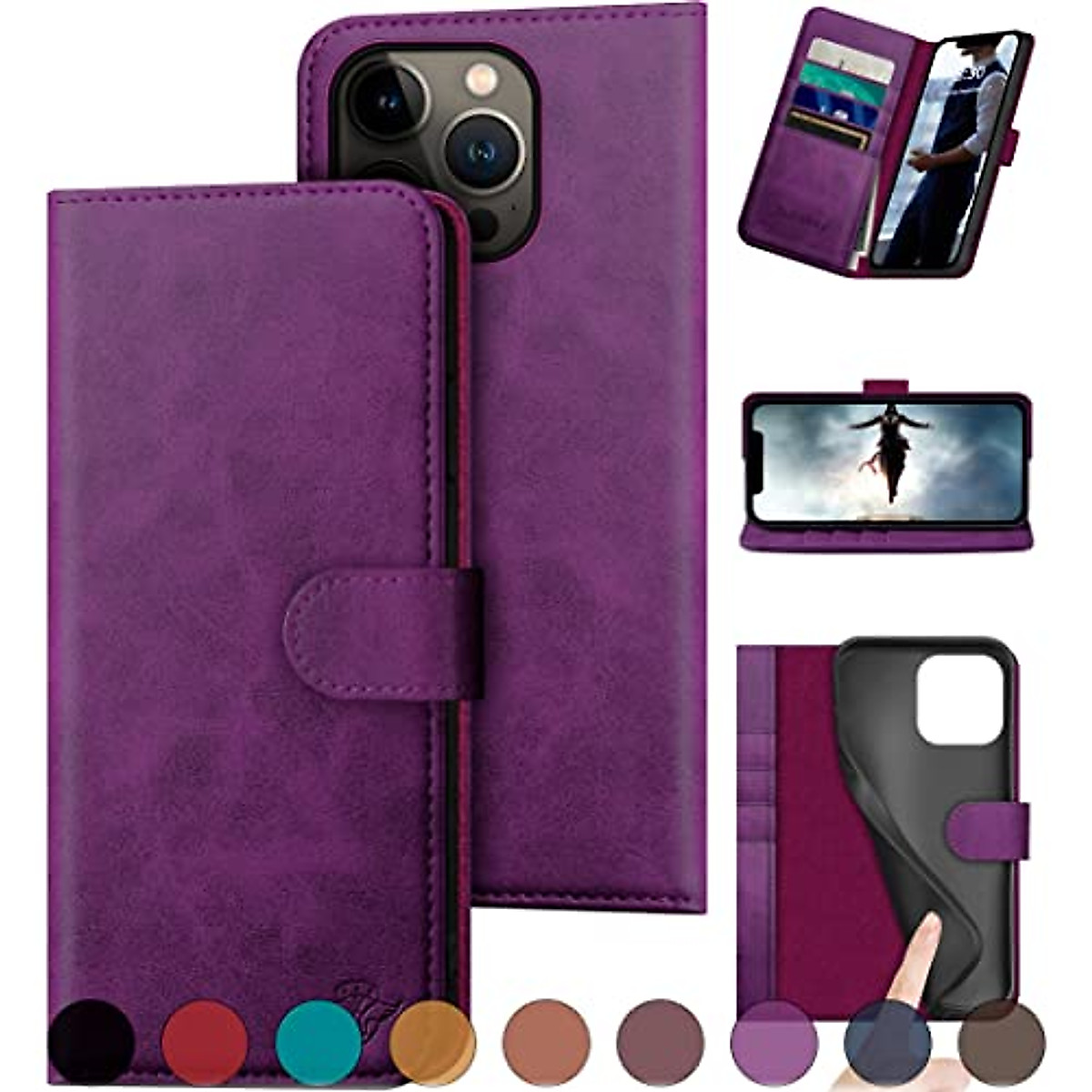 DuckSky for iPhone 14 Pro 6.1" Genuine Leather Wallet case 【RFID Blocking】【4 Credit Card Holder】【Real Leather】 Flip Folio Book Phone case Protective Cover Women Men for Apple 14Pro 5G case Purple
