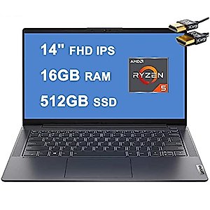Lenovo IdeaPad 5 Business Laptop 14" FHD IPS Display AMD 6-Core Ryzen 5 4600U (Beats i7-10710U) 16GB RAM 512GB SSD Backlit Keyboard USB-C Dolby Win10 Gray + HDMI Cable
