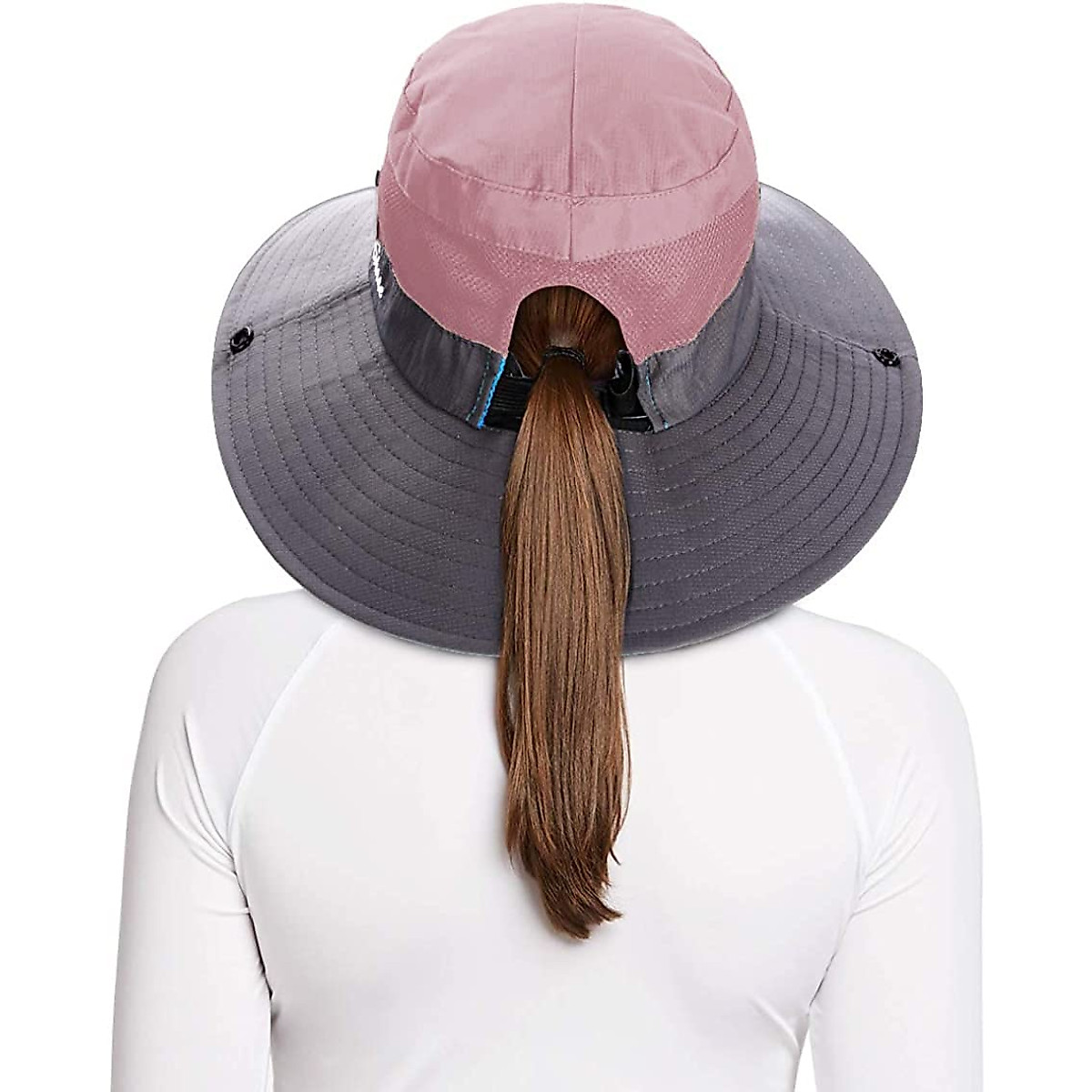 Rosoz Ponytail Sun Bucket Hats for Women UV Protection Foldable Mesh Wide Brim Hiking Beach Fishing Summer Safari