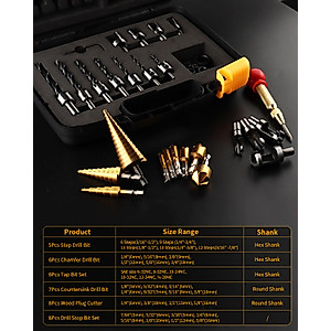ZORUNNA 34 Pcs Woodworking Chamfer Drilling Tools Including 6 Countersink Drill Bit Set, 7 Countersink Drill Bit, 8 Plug Cutters for Woodworking, 3 Step Drill Bit and 8 Drill Stop Bit Collar Set.