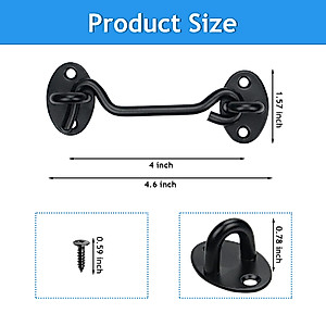 2 Pack Black Hook Lock for Door, 4 Inch Barn Door Latch Hook and Eye Latch with Screws Barn Door Lock Gate Latches for Fence Outdoor Window Cabinet Bathroom