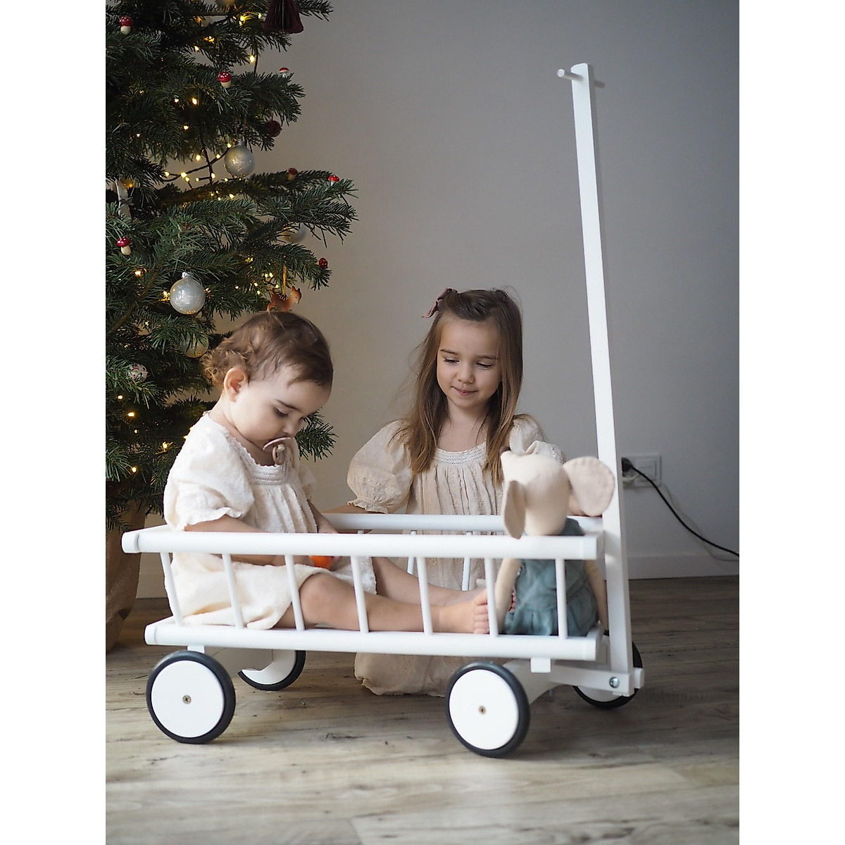 Premium Wooden Wagon MIKUS - Safe and Beautiful | Ideal for Weddings and Flower Girls | Color: White Fluff| Wheels: Rubber