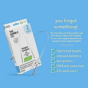 The Humble Co. Tongue Scraper – 100% Stainless Steel Tongue Cleaner, For Superior Oral Care, Dental Hygiene and Tongue Cleaning, Helps Eliminate Bad Breath, BPA Free (2pk)