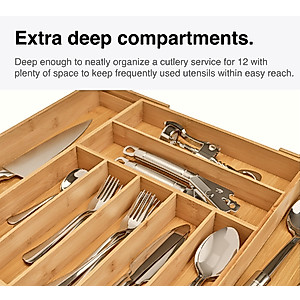 Stedware Kitchen Drawer Organizer, Heavy Duty Reinforced Silverware Divider Tray, Expandable Bamboo Utensil Holder for Flatware, Cutlery, Knives - Kitchen Organization and Storage