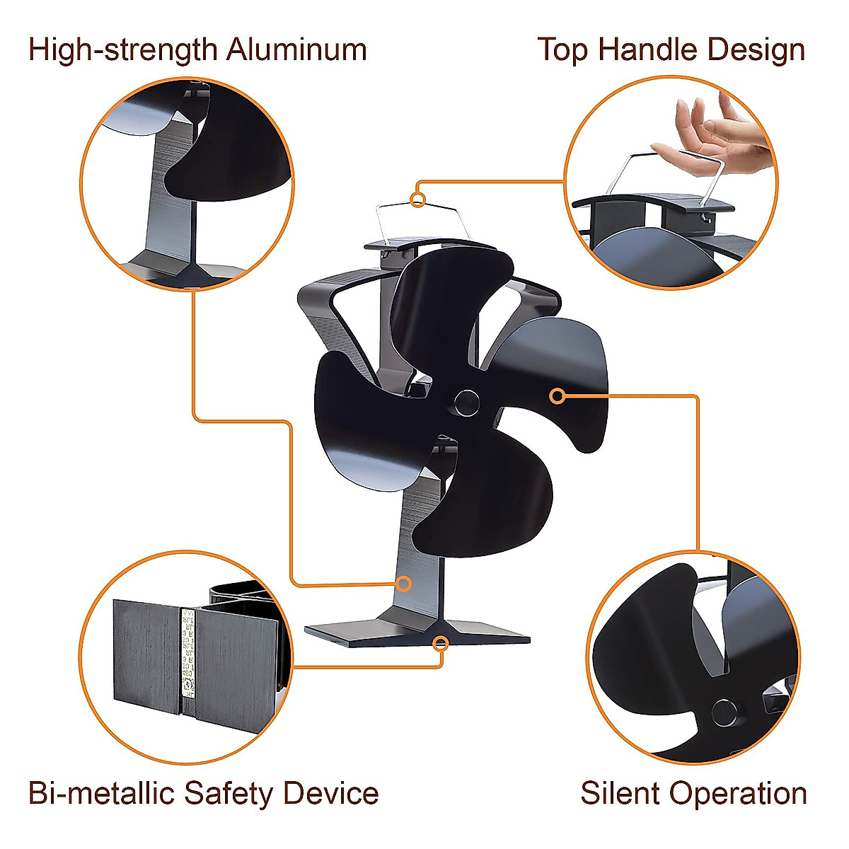 HAWCAFU Wood Stove Fan Heat Powered Fireplace Fan 4 Blades Fire Fan Wood Buring Stove Top Fan for Wood/Log Burner/Fireplace