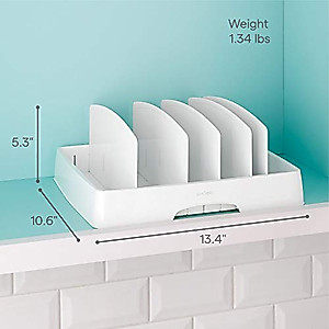 YouCopia StoreMore Adjustable Rack Cabinet Organizer for Pans Sheets and Pot Lids, Large, White & StoraLid Food Container Lid Organizer, Tall Dividers, White