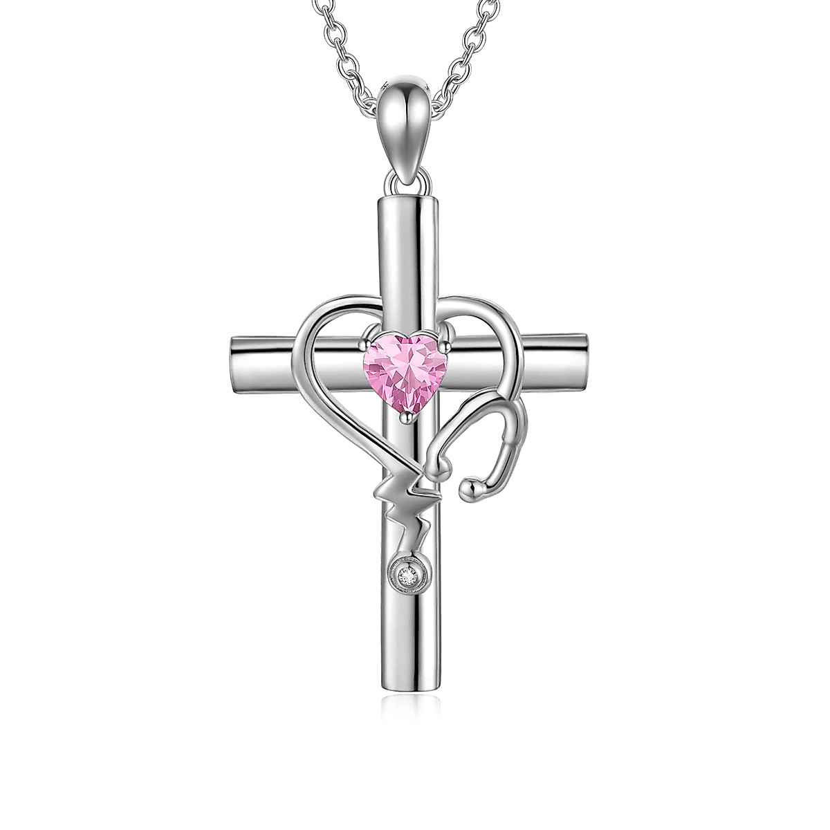 LONAGO Stethoscope Necklace Silver Cross Pendant Necklace with October Birthstone Stethoscope Jewelry Graduation Gift for Women