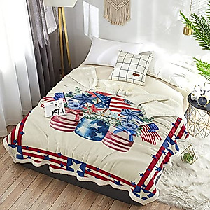 LEOKOTI 4th of July Spring Floral Ultra Warm Sherpa Blankets Throw, Red Stripes Star Independence Day Durable Double-Side Fluffy Baby Throw Blanket for All Seasons Throw Size 50" x 60"
