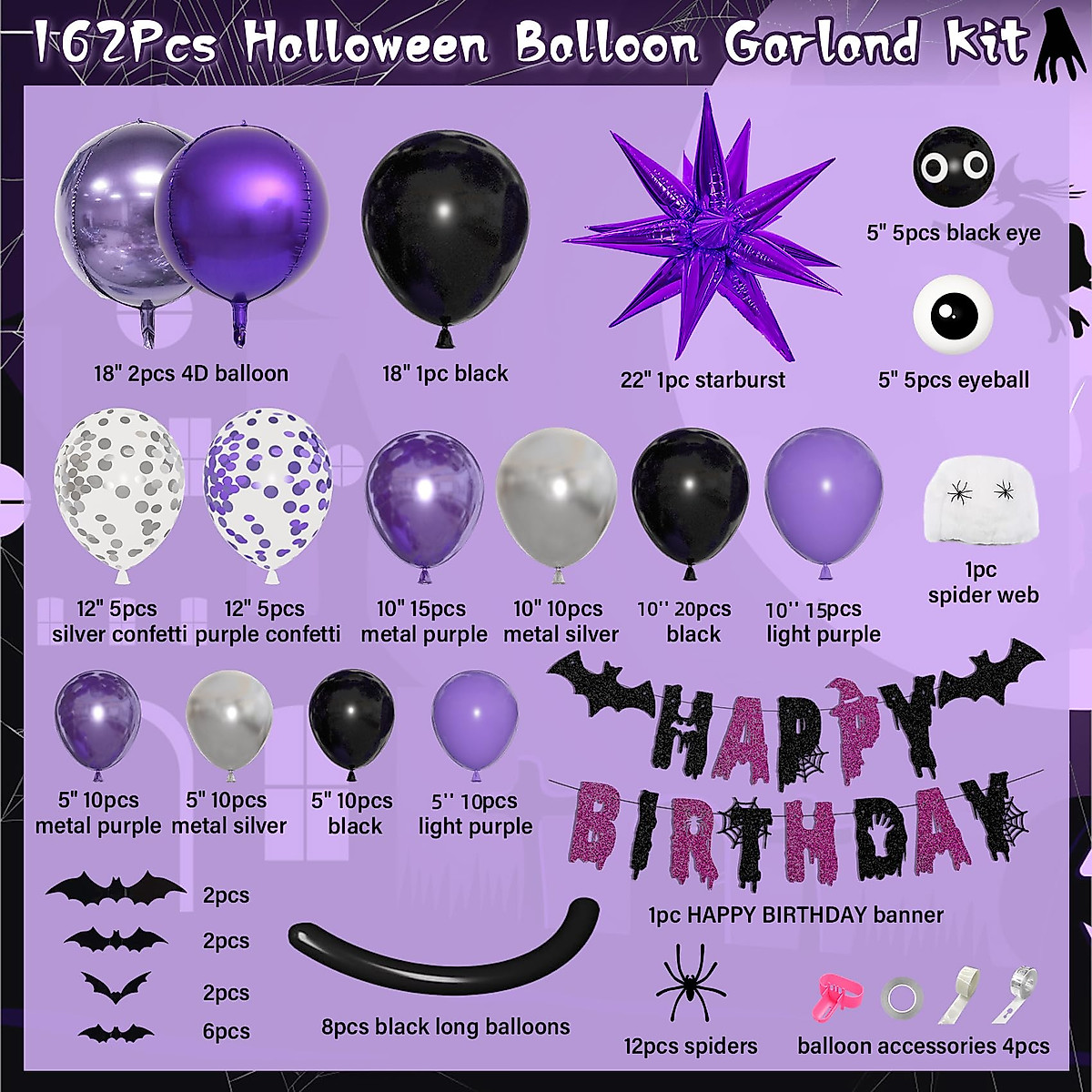 162Pcs Halloween Balloons Arch Garland Kit, Birthday Supplies Purple Black Silver 4D Balloon Spiders Web Bats Happy Birthday Banner for Gothic Halloween Birthday Party Decorations