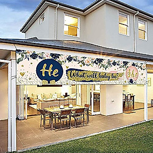 Gender Reveal Decoration, He or She Gender Reveal Banner Large He or She Baby Shower Yard Sign Photo Booth Props for Gender Reveal Supplies (9.8 * 2 ft)