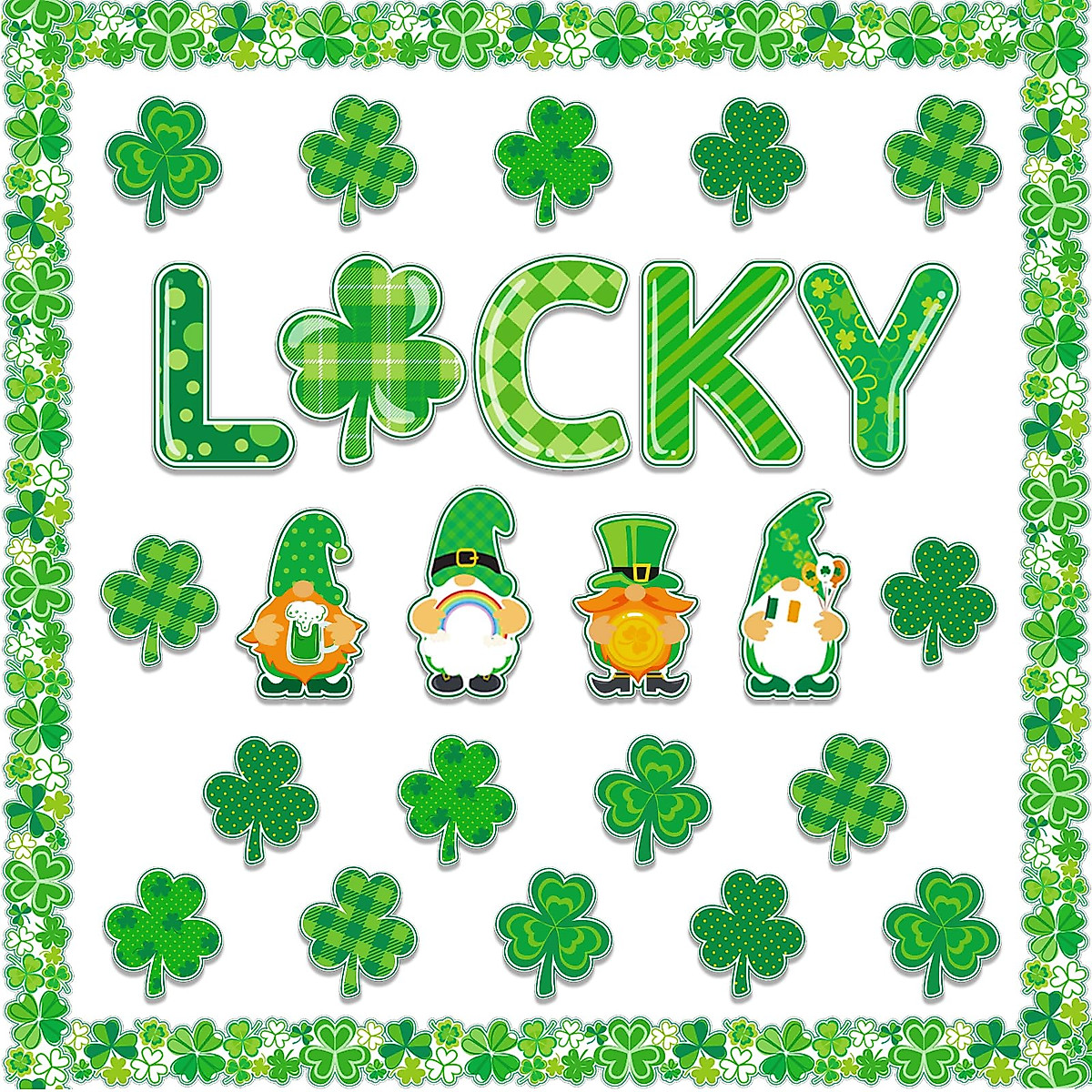 Kepeel 95 Pieces St. Patrick's Day Shamrocks Cutouts Bulletin Board Decorations, St. Patrick’s Lucky Gnome Paper Cutouts Bulletin Trim Board Border Stickers for Holiday Classroom School Supplies
