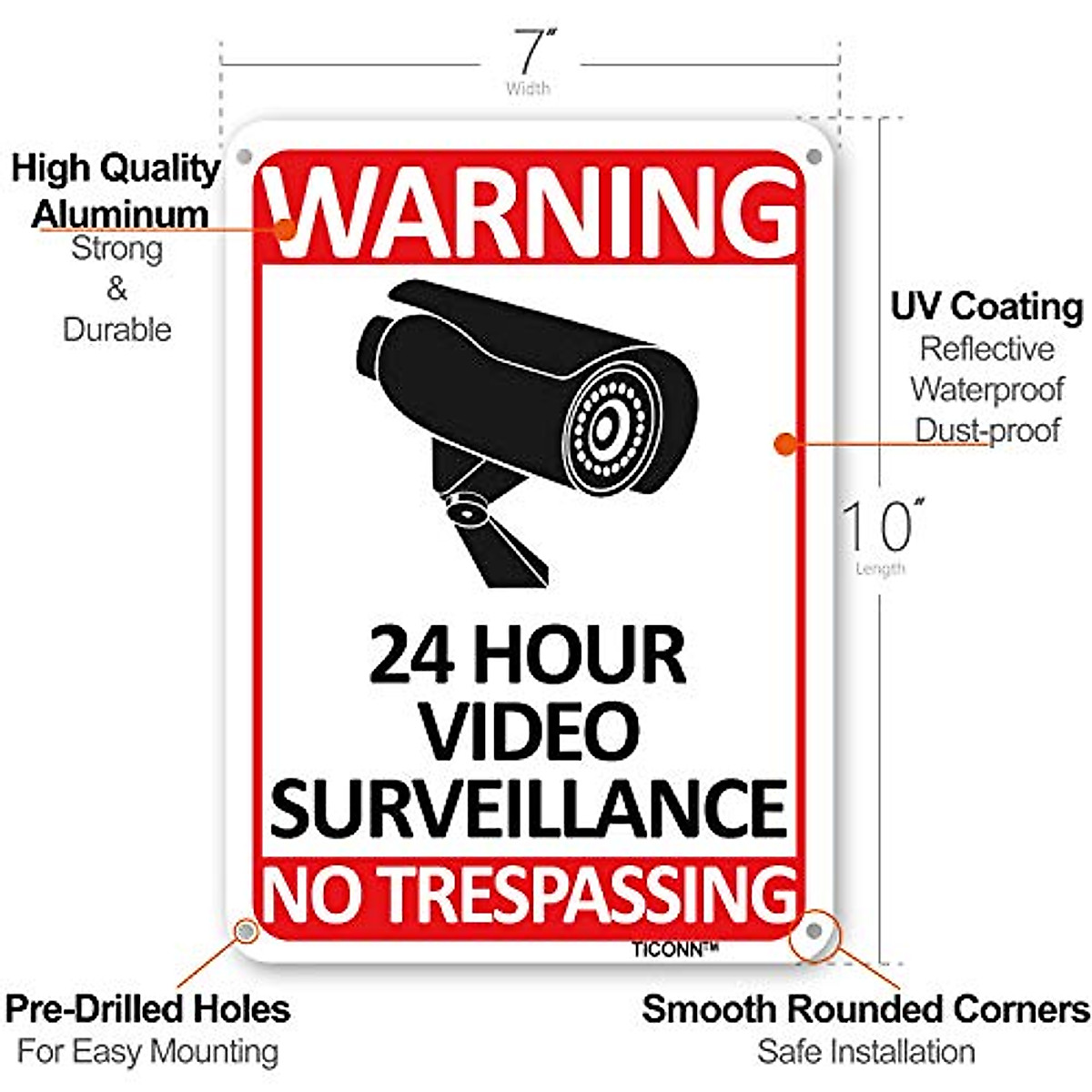 TICONN 2-Pack 24 Hour Video Surveillance Sign, No Trespassing Aluminum Warning Sign, 10’’x7’’ for CCTV Security Camera - Reflective, UV Protected