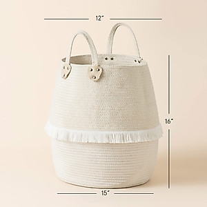 Rope Basket Woven Storage Basket - Laundry Basket Large 16 x 15 x 12 Inches Cotton Blanket Organizer, Baby Nursery Containers White Home Decor Gift