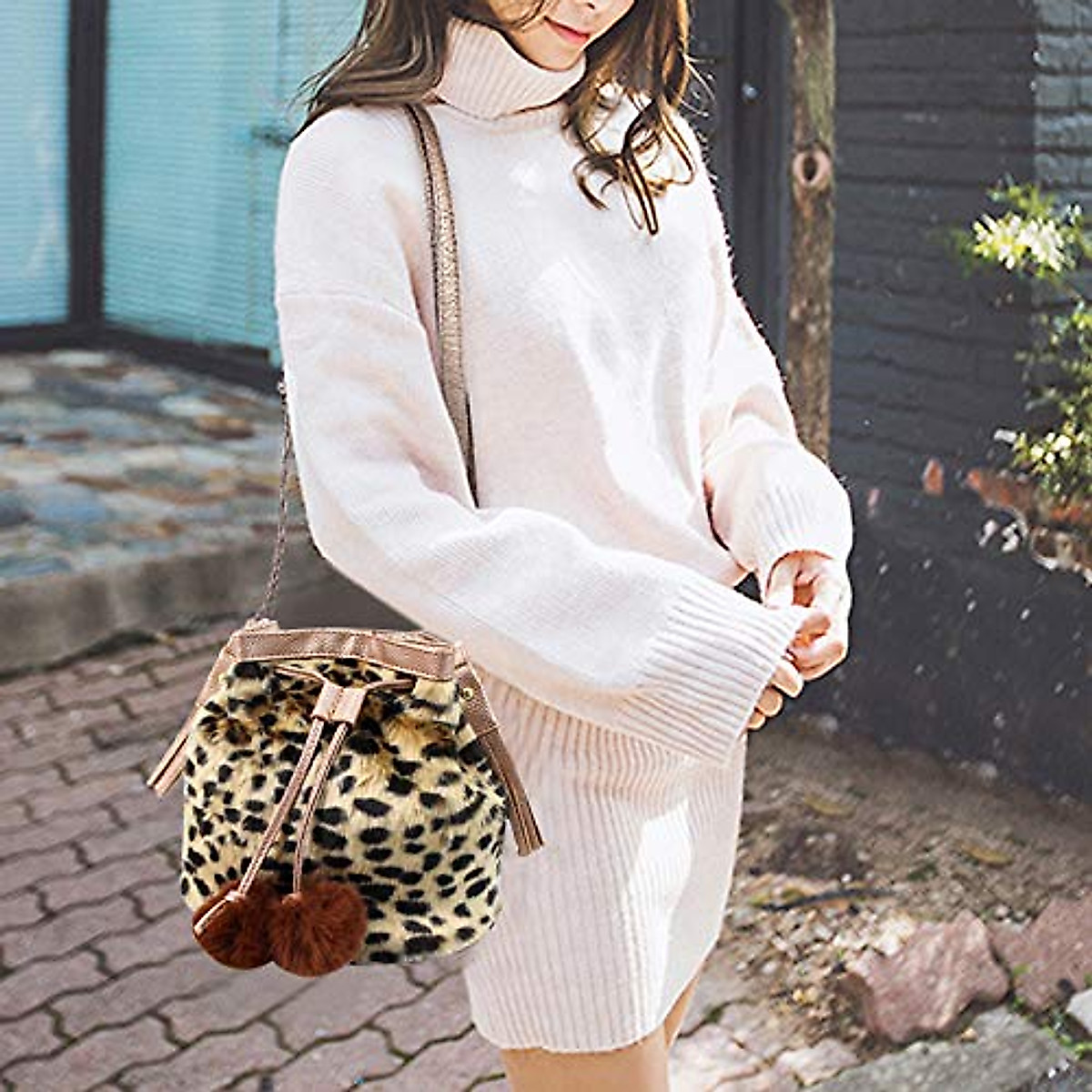 Van Caro Women’s Faux Fur Drawstring Bucket Bag Shoulder Crossbody Bag, Leopard Brown