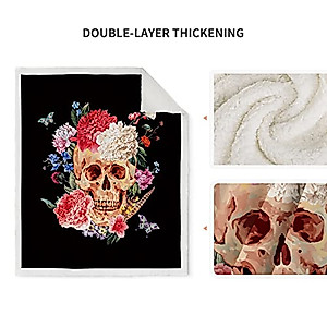Jekeno Skulls Gifts for Women Men - Flower Floral Skull Sherpa Blanket Gift for Adult Kids Skull Lovers Halloween Birthday Christmas, Soft Black Throw Decor Bedroom Living Room Sofa Bed Couch 50"x60"