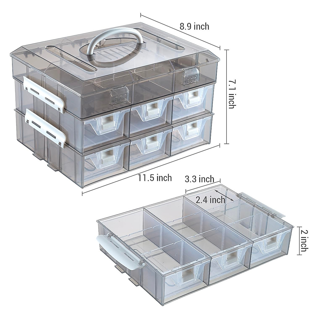 MyGift 11 Inch Smoke Gray Transparent Arts and Crafts Sewing Supplies Storage Organizer Case with White Accents, 24 Customizable Compartments, and 6 Drawers with Removable Dividers