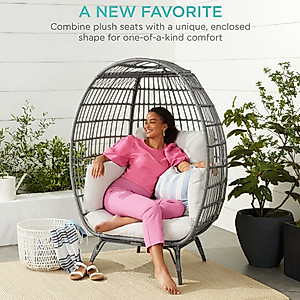 Best Choice Products Wicker Egg Chair, Oversized Indoor Outdoor Lounger for Patio, Backyard, Living Room w/ 4 Cushions, Steel Frame, 440lb Capacity - Gray/White Sand