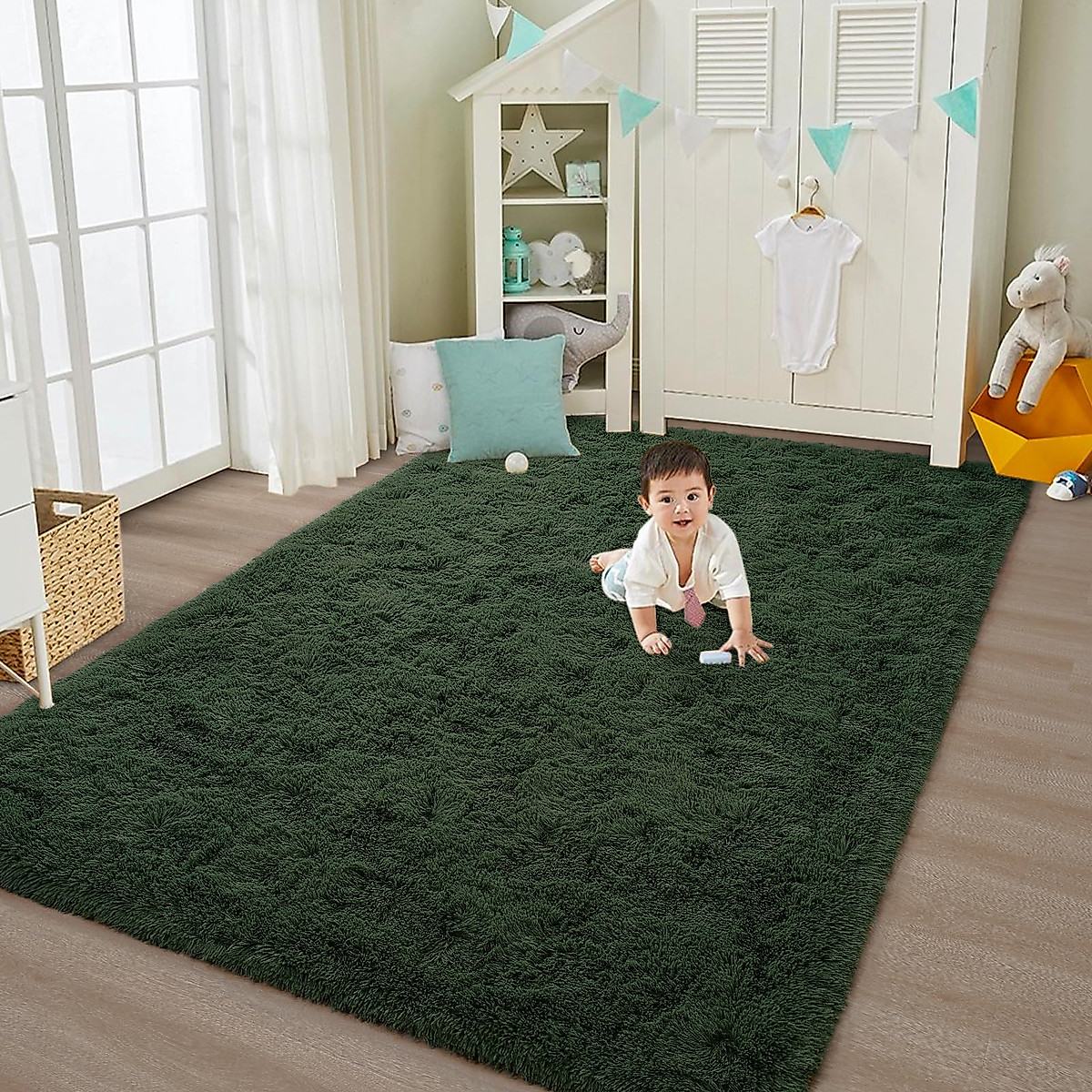 Jocovieh Large Soft Deep-Green Rugs for Bedroom, 6x9 Feet Fluffy Carpets, Indoor Modern Plush Area Rugs for Living Room Kids Girls Room, Non-Slip Shag Rug for Nursery Home Decor, Deep-Green