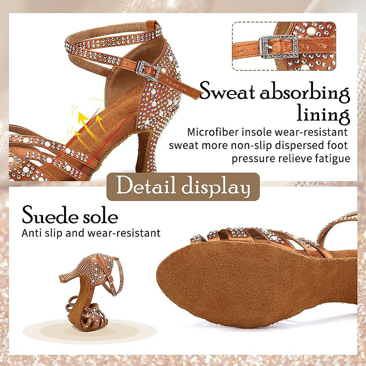 TINRYMX Latin Dance Shoes Women Rhinestones Tango Salsa Performance Ballroom Party Dance Shoes,YCL506-Bronze-7.5,US 8