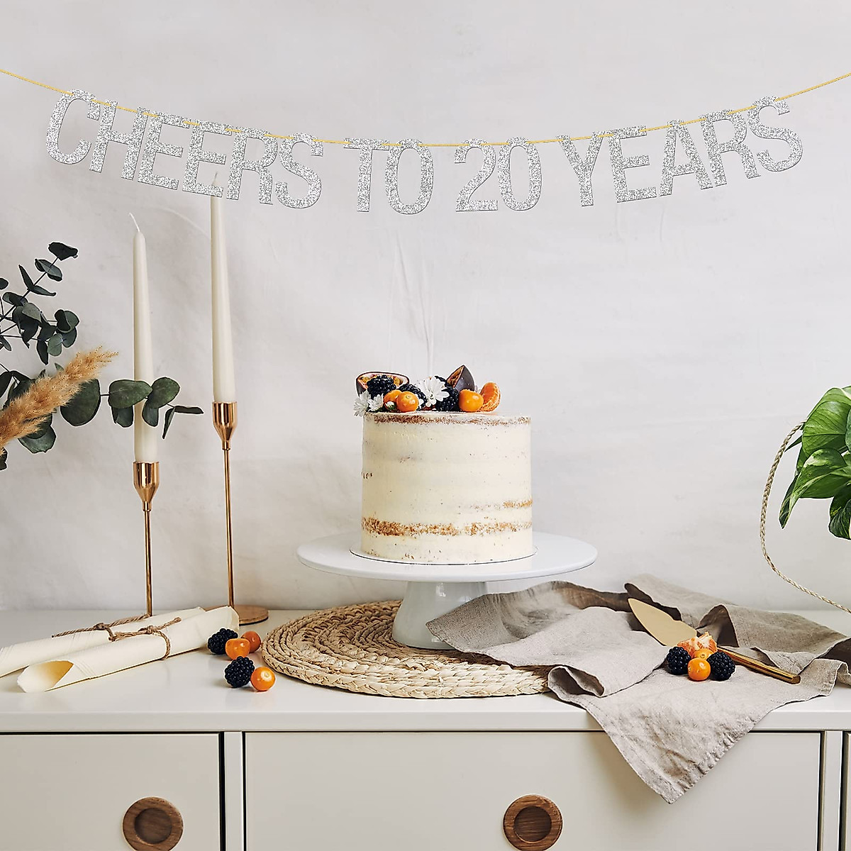 Cheers to 20 Years Banner - Happy 20th Birthday Party Bunting Sign - 20th Wedding Anniversary Decorations Supplies - Silver