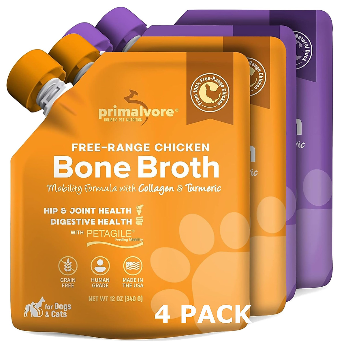 Primalvore Free-Range Bone Broth for Dogs &Cats, Mobility Formula w/Collagen Peptides to Help Support Hip & Joints, Digestion, Skin & Coat and Hydration, Human Grade, Mix 4 Pack Chicken and Duck